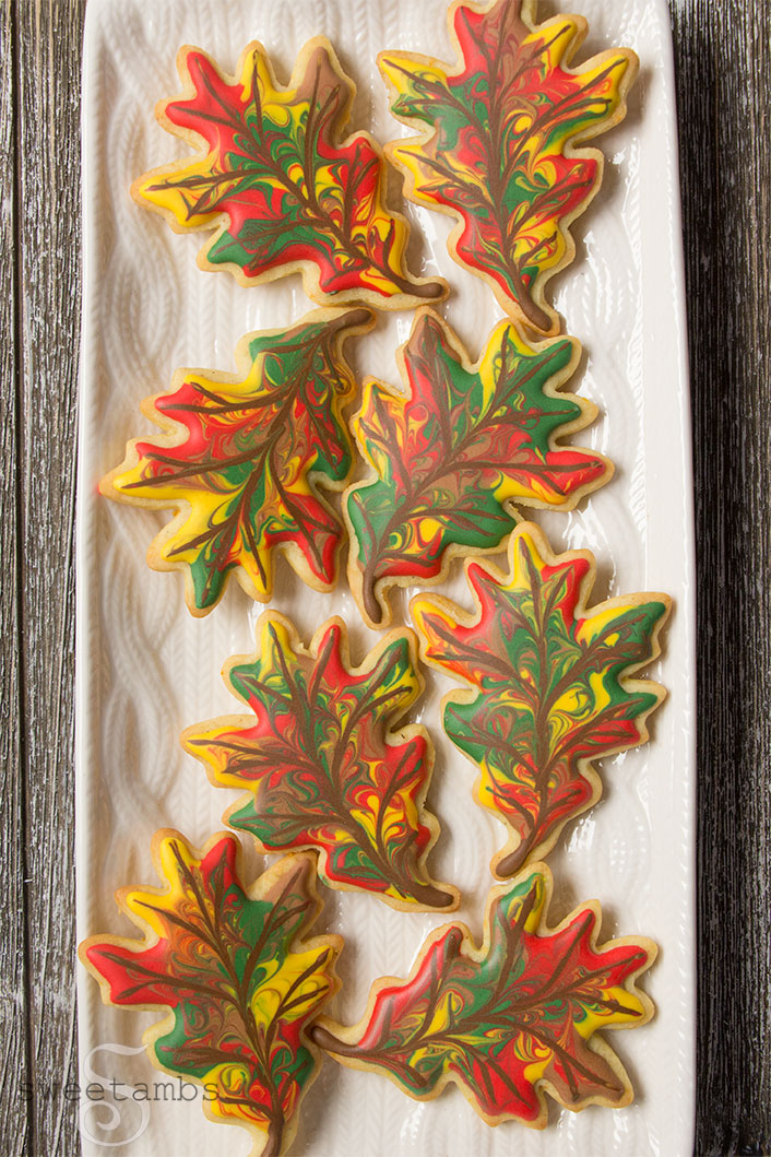 Marbled Royal Icing Fall Leaves Cookies - SweetAmbs