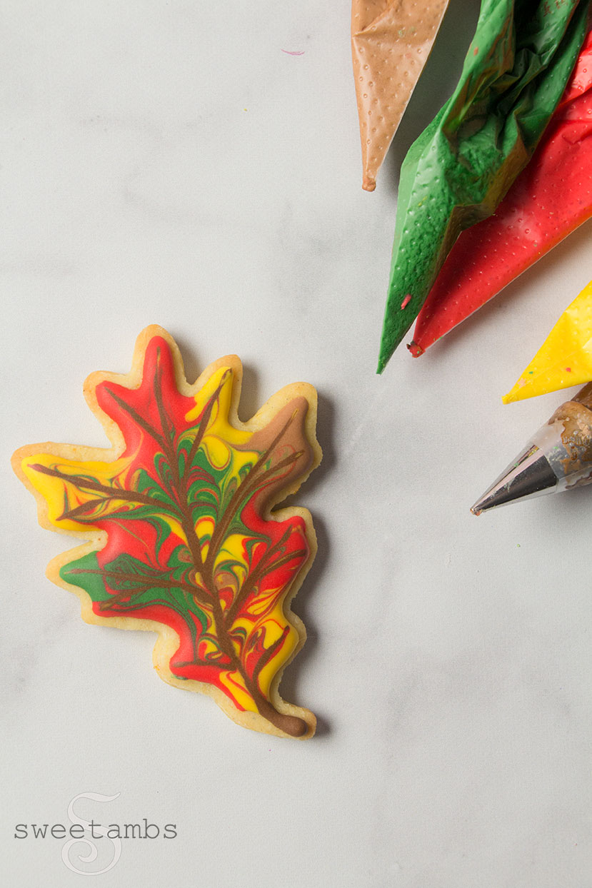 Marbled Royal Icing Fall Leaves Cookies - SweetAmbs